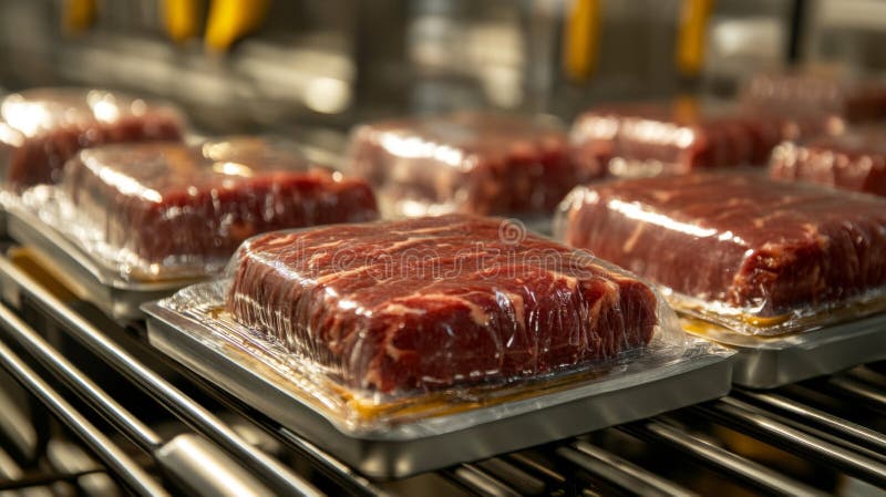 Vacuum Sealed Steaks on Conveyor Belt in Processing Plant Stock ...