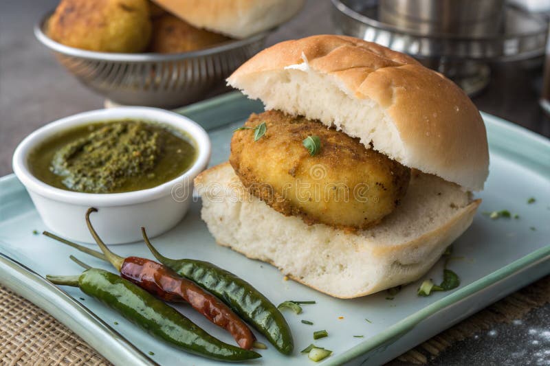 Vada Pav with Chutney Indian Fast Food Snack Stock Illustration ...