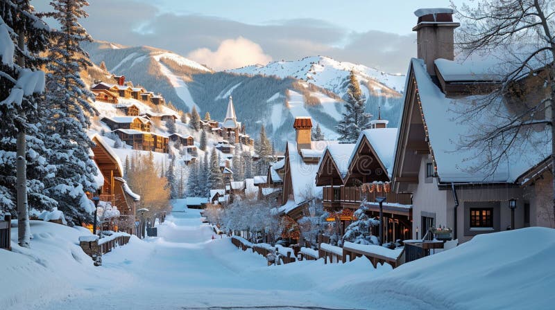 Vail Village in Vail, Colorado with Sunrise and Ice Stock Illustration ...