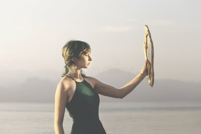 Vain Woman Mirrors Herself Illuminated by Sunlight Stock Image - Image ...