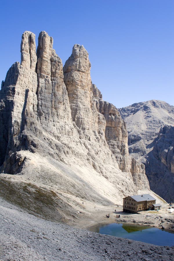 Vajolet towers - dolomite stock image. Image of peak, tarn - 3615571