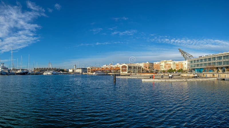 Valencia Harbor, Port Twilight, Reflection in Water Panoramic Skyline ...