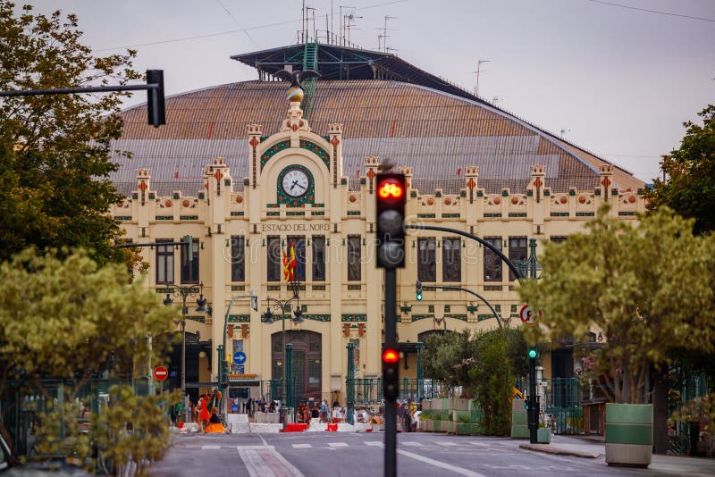 Valencia S North Central Train Terminal Facade at Dusk in Spain Stock ...