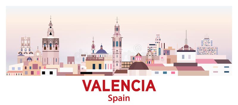 Valencia Skyline in Bright Color Palette Vector Illustration Stock ...
