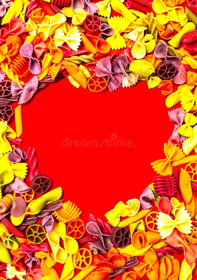 Valentine Background with a Heart Frame and Colorful Pasta on a Red ...