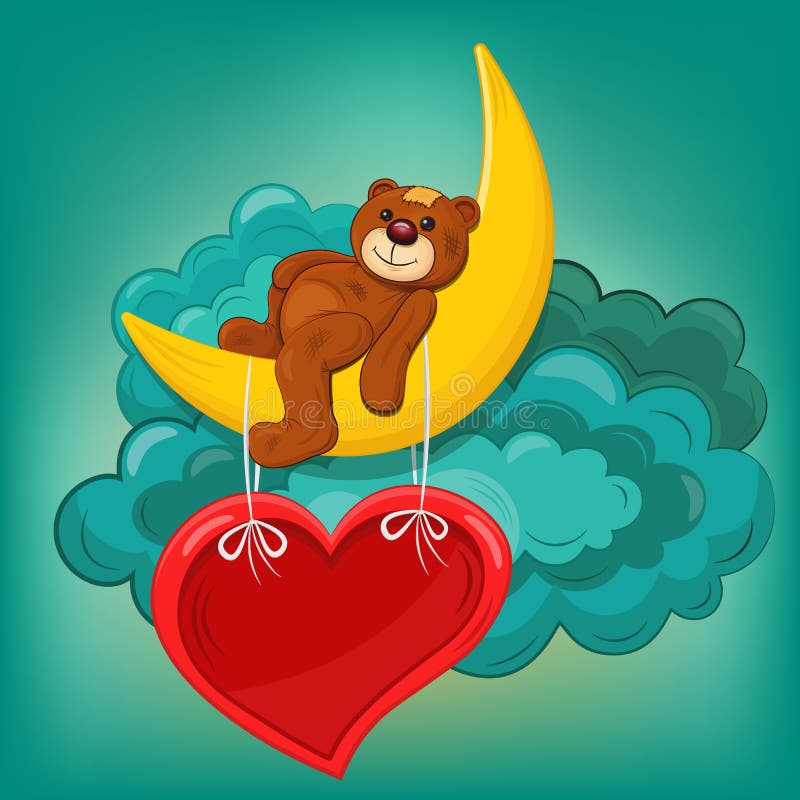 Valentine Card with Teddy Bear on Moon and Heart Frame Stock ...