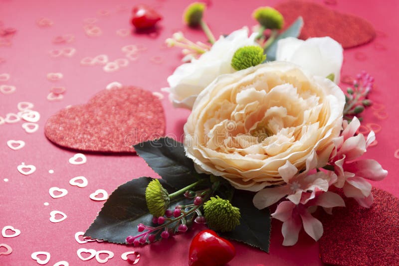 Valentine Day Abstract Background with White Roses and Red Hearts Over ...