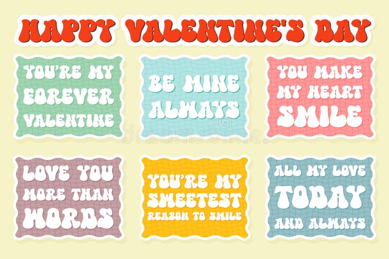 Valentine Day Quotes Stickers Set in Retro Colors Vector Illustration ...
