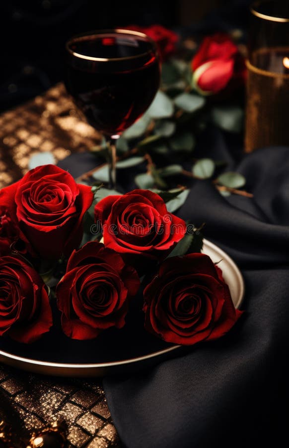 Valentine Day Table Setting with Wine Glasses and Red Roses Stock Photo ...