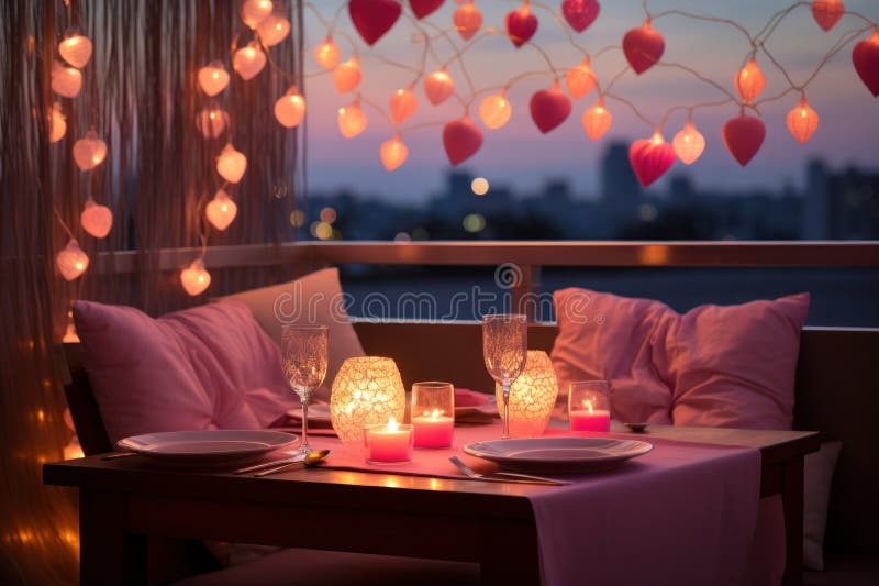 Valentine Dinner Setup Mockup with Romantic Pastel-colored Lights Stock ...
