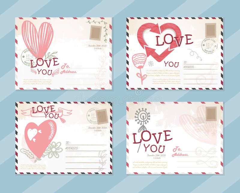 Valentine LOVE Postcard Card Design Vector Template Cute Set Stock ...