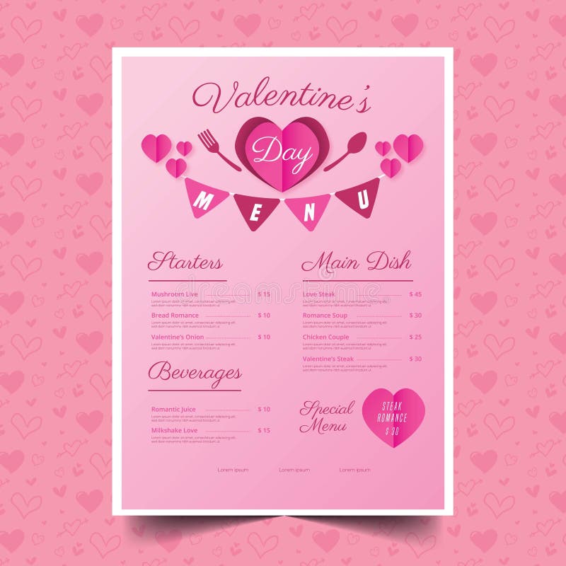 Valentine Menu Template Design Vector Illustration Stock Vector ...