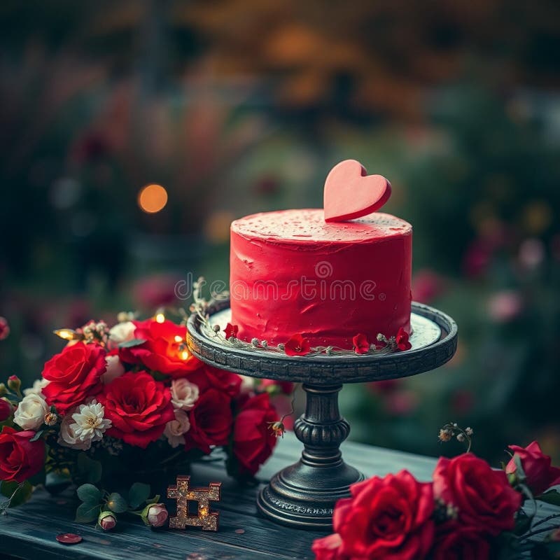 Romantic Valentine Red Cake on a Rustic Stand Stock Illustration ...