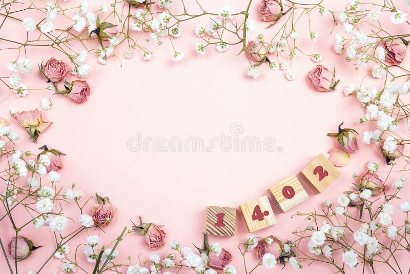 Valentine`s Day Background with Floral Frame and Date. Place for Stock ...