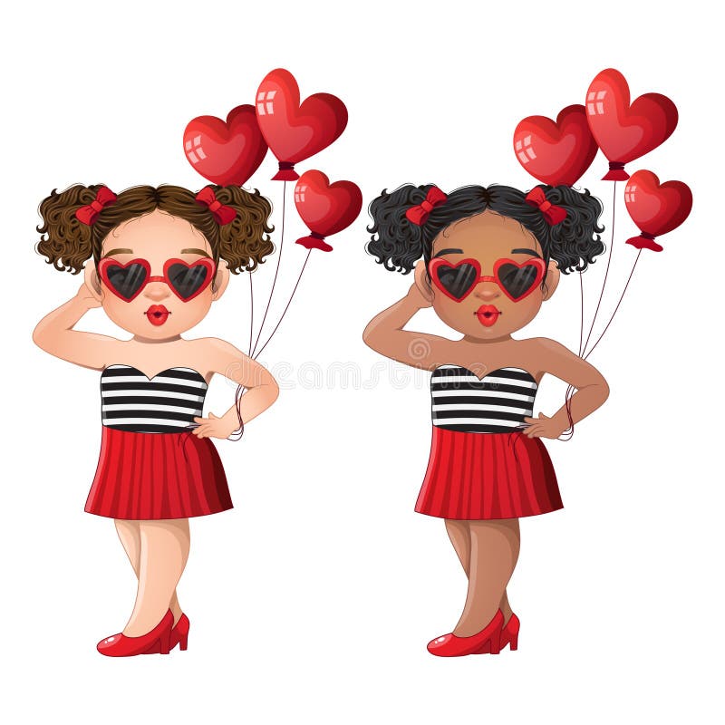Valentine S Day With Cute Girls Wearing Heart Glasses Holding Heart Balloon Cartoon Character