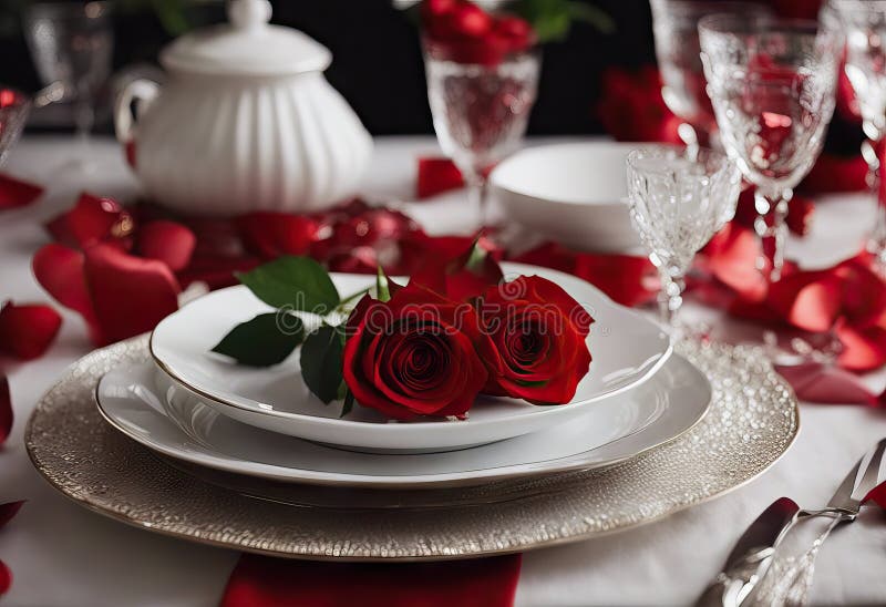 Valentine S Day Day Celebrating Red Setting Roses Plate Table Stock ...