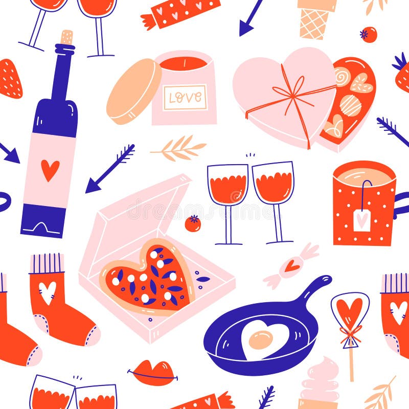 Valentine S Day Elements Seamless Pattern. Different Romantic Objects ...