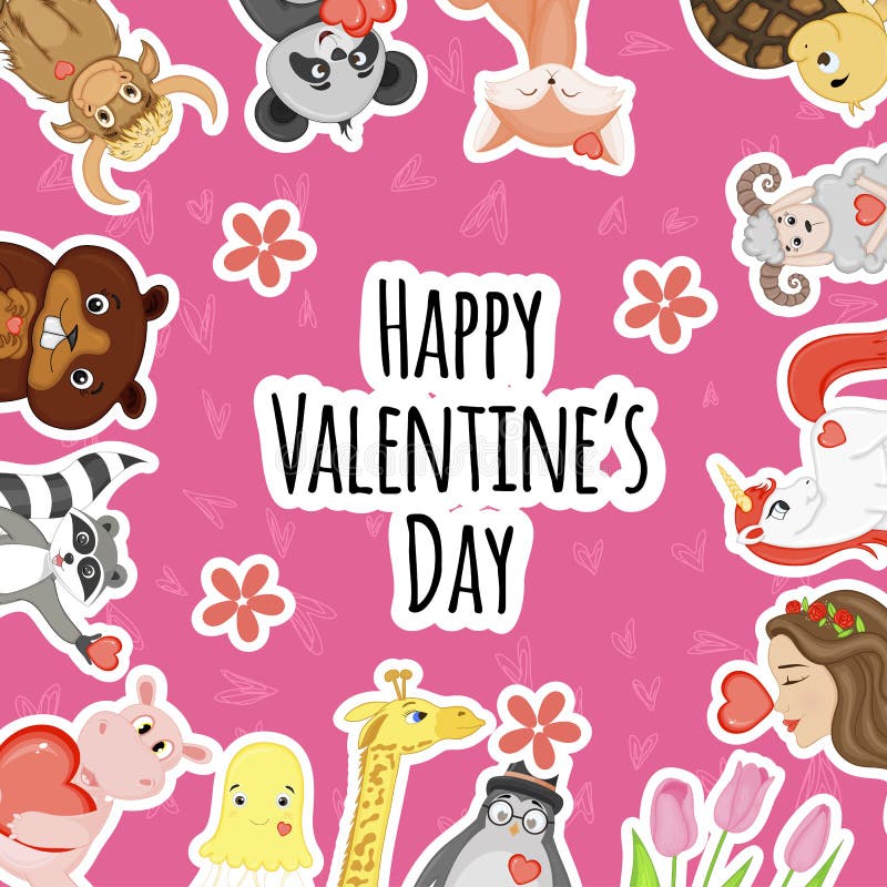 Valentine`s Day Frame with Cute Animals. Cartoon Style Stock ...