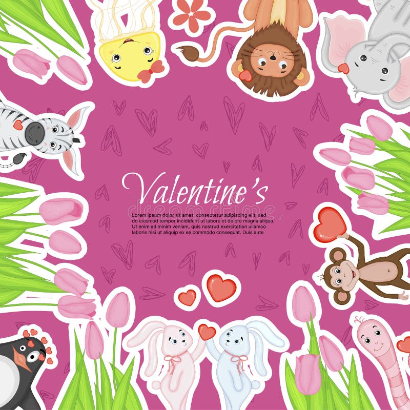Valentine`s Day Frame with Cute Animals. Cartoon Style Stock ...