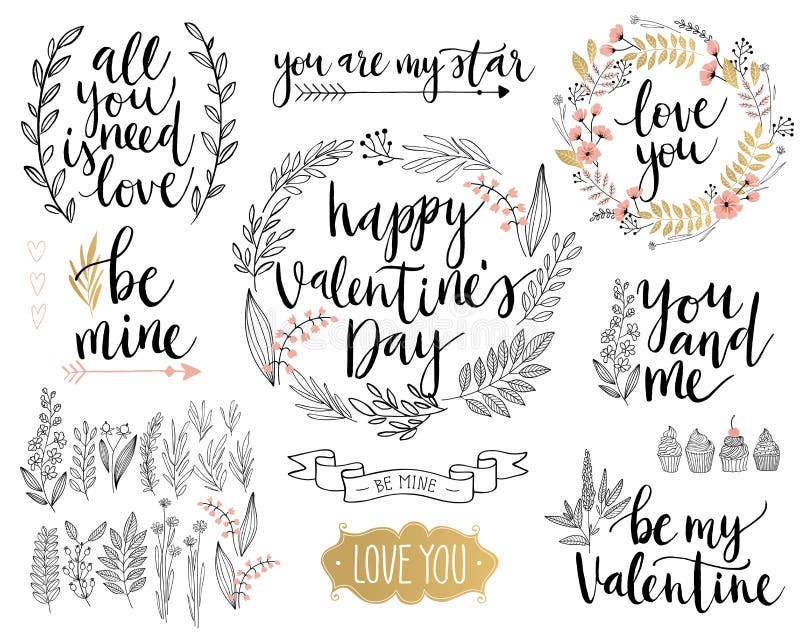 Valentine`s Day Lettering Design Set with Hand Drawn Elements. Stock ...
