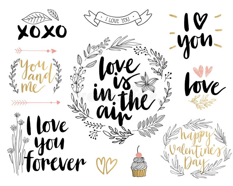 Valentine`s Day Lettering Design Set with Hand Drawn Elements. Stock ...