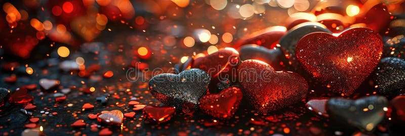 Valentine S Day Panoramic Banner with Glossy Red Hearts Stock ...