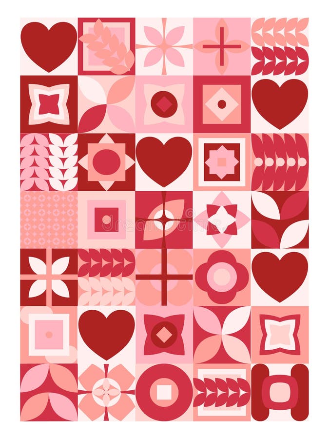Valentine`s Day Pattern with Geometric Pattern and Red Hearts Stock ...