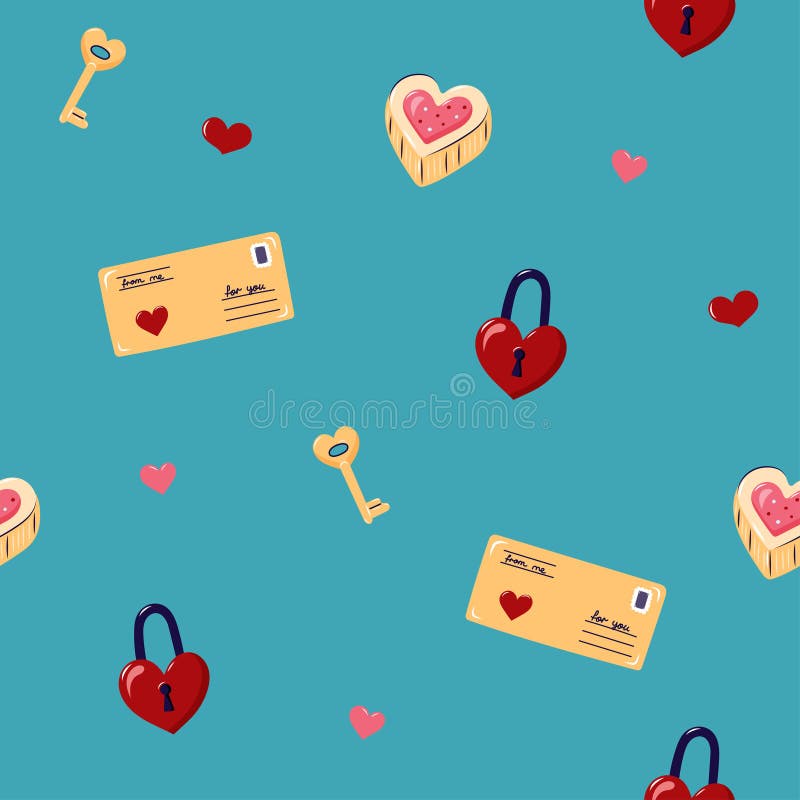 Valentine S Day Seamless Pattern with Envelopes and Heart Shaped Lock ...