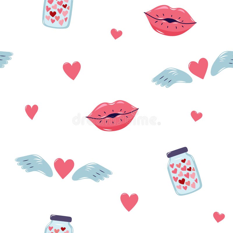 Valentine S Day Seamless Pattern with Hearts and Kissing Lips. Cute ...