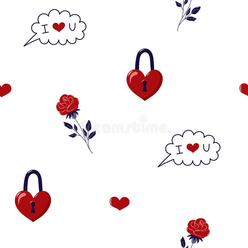Valentine S Day Seamless Pattern with Red Rose and Heart Shaped Lock ...
