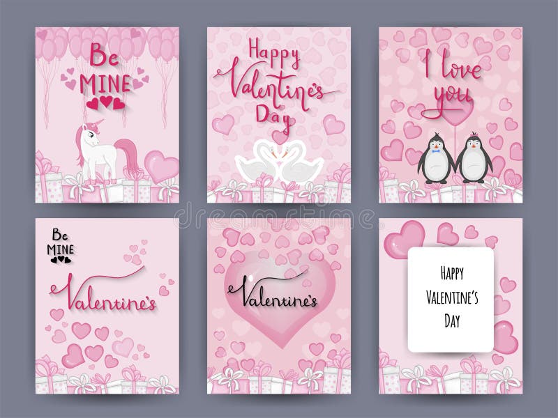 Valentine`s Day Set of Cards. Cartoon Style Stock Illustration ...