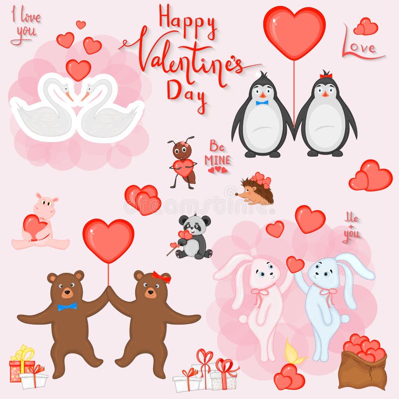 Valentine`s Day Set with Cute Animals. Cartoon Style Stock Illustration ...