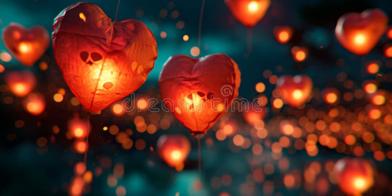 Valentine& X27;s Night with a Lot of Flying Lanterns in the Form of ...
