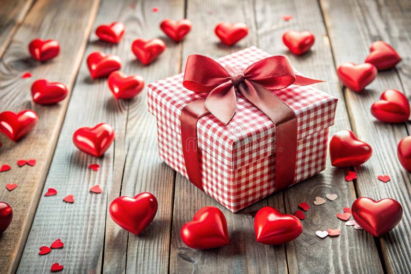 Valentineâ€™s Setting with Gift Box and Red Hearts Stock Illustration ...