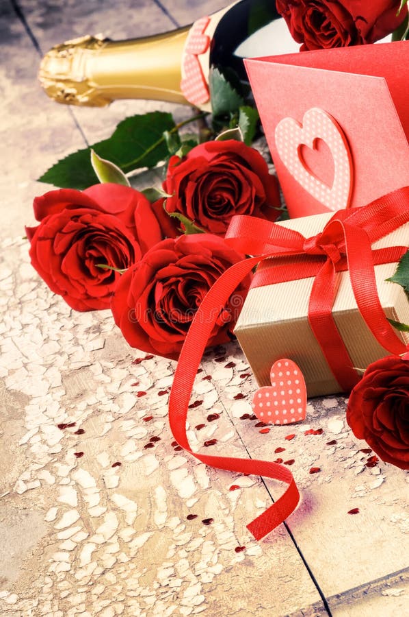 Valentine S Setting with Present and Red Roses Stock Image - Image of ...