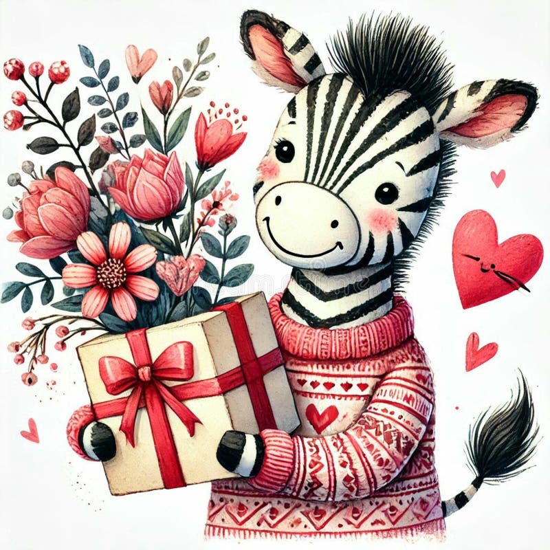 Valentine Zebra with Gift Box and Flowers Stock Illustration ...