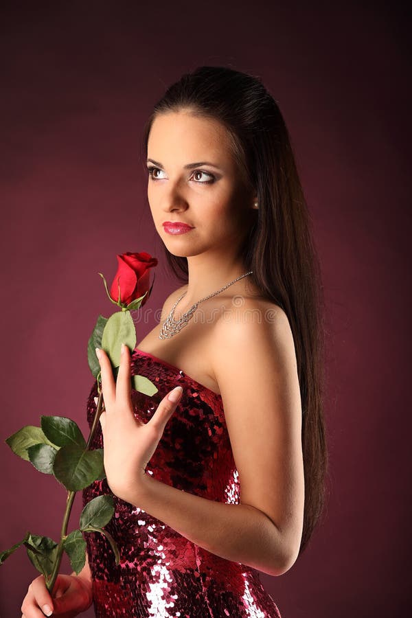 Valentines Beautyfull Girl with Red Rose in Her Hands Stock Photo ...