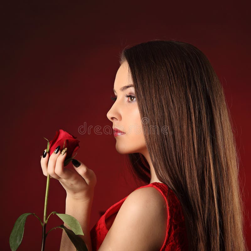 Valentines Beautyfull Girl with Red Rose in Her Hands Stock Photo ...