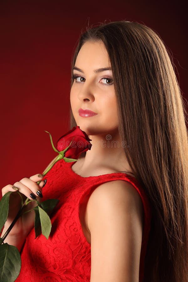 Valentines Beautyfull Girl with Red Rose in Her Hands Stock Photo ...