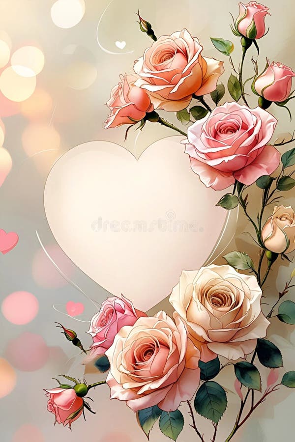 Valentines Day Card with Pink Roses and Empty Heart Template Stock ...
