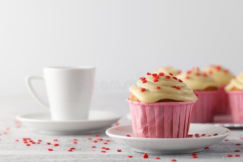 Valentines Day Coffee Cup with Cupcakes with Hearts Stock Image - Image ...