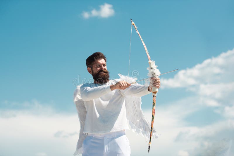 Valentines Day. Crazy Bearded Angel Man Aiming with the Arrow. Stock ...