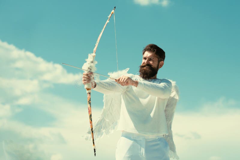 Valentines Day. Crazy Bearded Angel Man Aiming with the Arrow. Stock ...