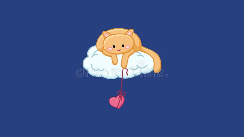 Valentines Day Cute Cat on a Cloud with Heart on a String Cartoon ...