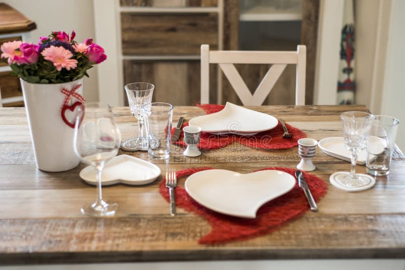 Valentines Day Dinner Setting Romantic Love for Two Wooden Table Red ...