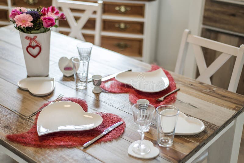 Valentines Day Dinner Setting Romantic Love for Two Wooden Table Red ...
