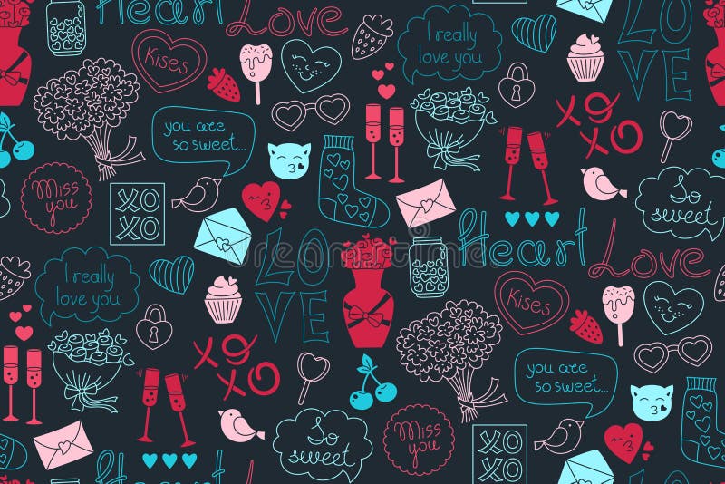 Valentines Day Doodle Seamless Pattern Romantic Background Greeting ...