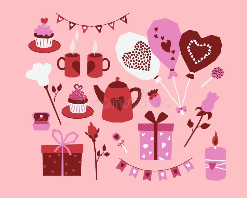 Valentines Day Elements Set. a Bundle of Items for February 14 with a ...