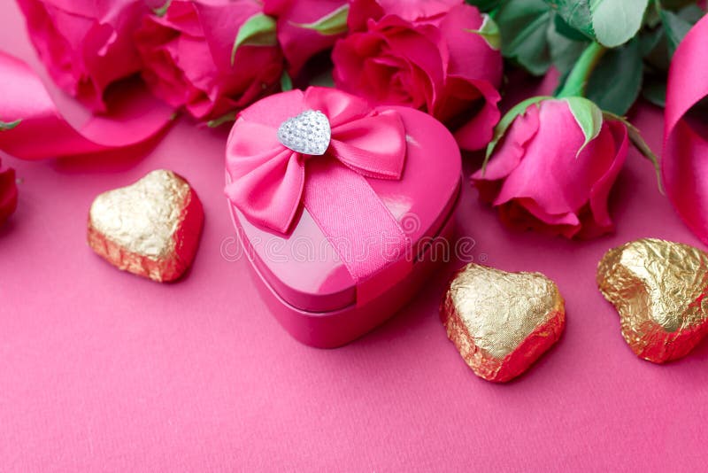 Valentines Day Gift Box with Pink Roses and Candy Stock Photo - Image ...