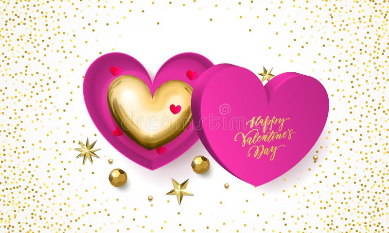 Happy Valentines Day Greeting Card Of Golden Heart In Pink T Box